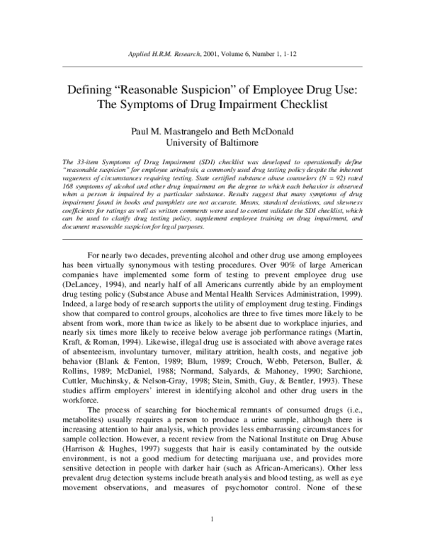 (PDF) Defining "Reasonable Suspicion" of Employee Drug Use: The ...