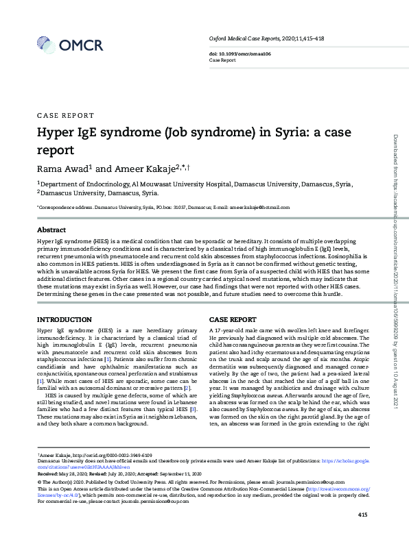 (PDF) Hyper IgE syndrome (Job syndrome) in Syria: a case report