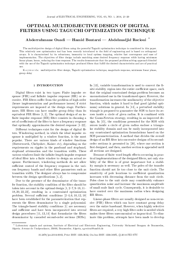 (PDF) Optimal Multiobjective Design of Digital Filters Using Taguchi Optimization Technique
