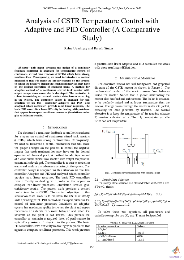 Pdf Analysis Of Cstr Temperature Control With Adaptive And Pid