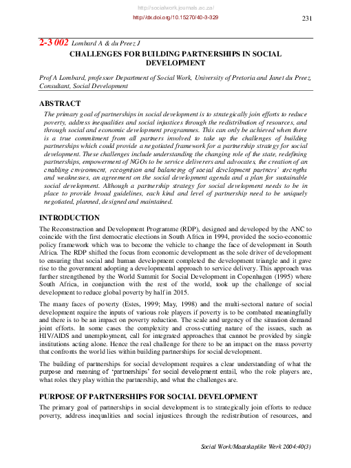 (PDF) Challenges for Building Partnerships in Social Development