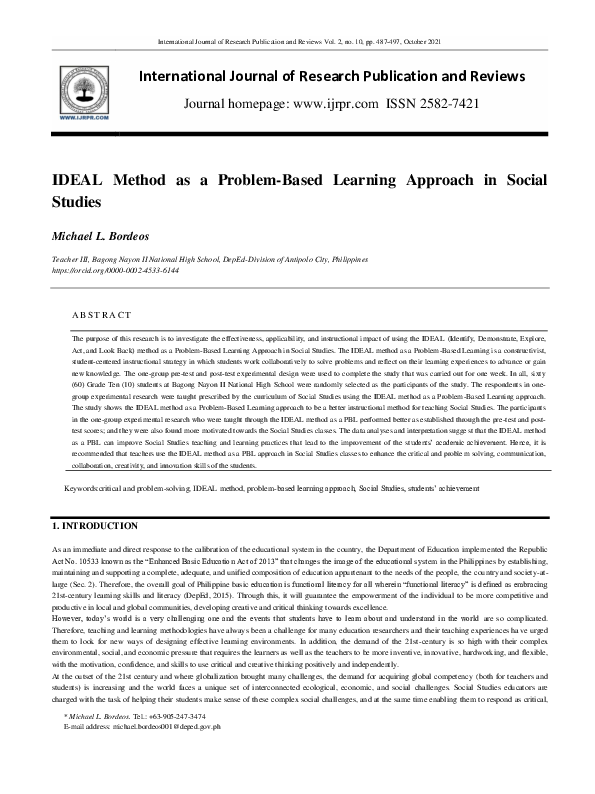 (PDF) IDEAL Method as a Problem-Based Learning Approach in Social Studies
