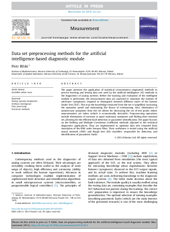 (PDF) Data set preprocessing methods for the artificial intelligence-based diagnostic module