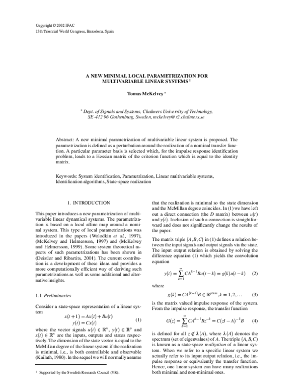 (PDF) A new minimal local parametrization for multivariable linear systems