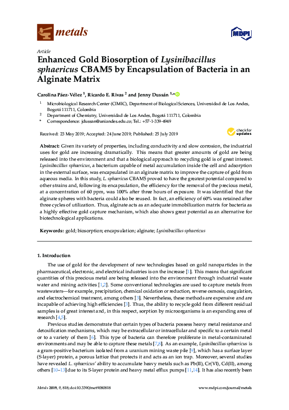 (PDF) Enhanced Gold Biosorption of Lysinibacillus sphaericus CBAM5 by Encapsulation of Bacteria ...