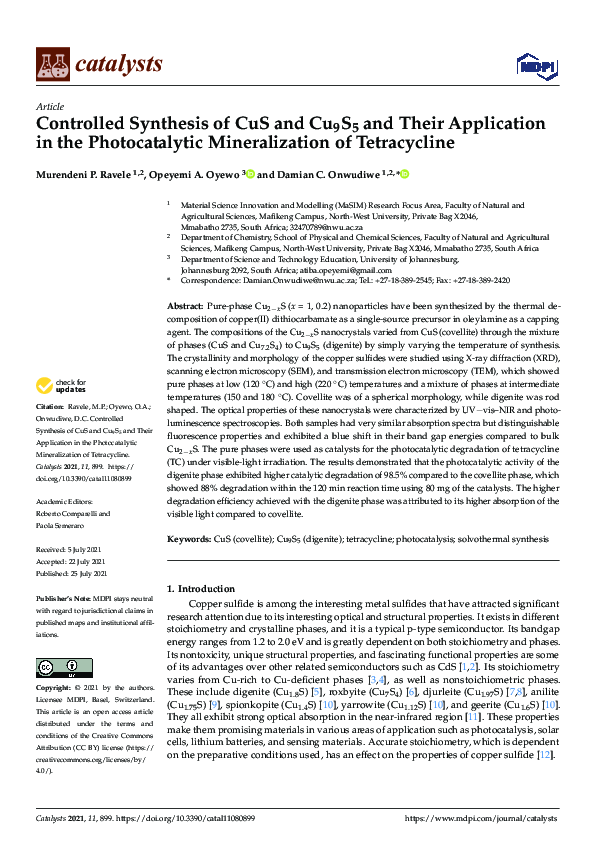 (PDF) Controlled Synthesis of CuS and Cu9S5 and Their Application in ...