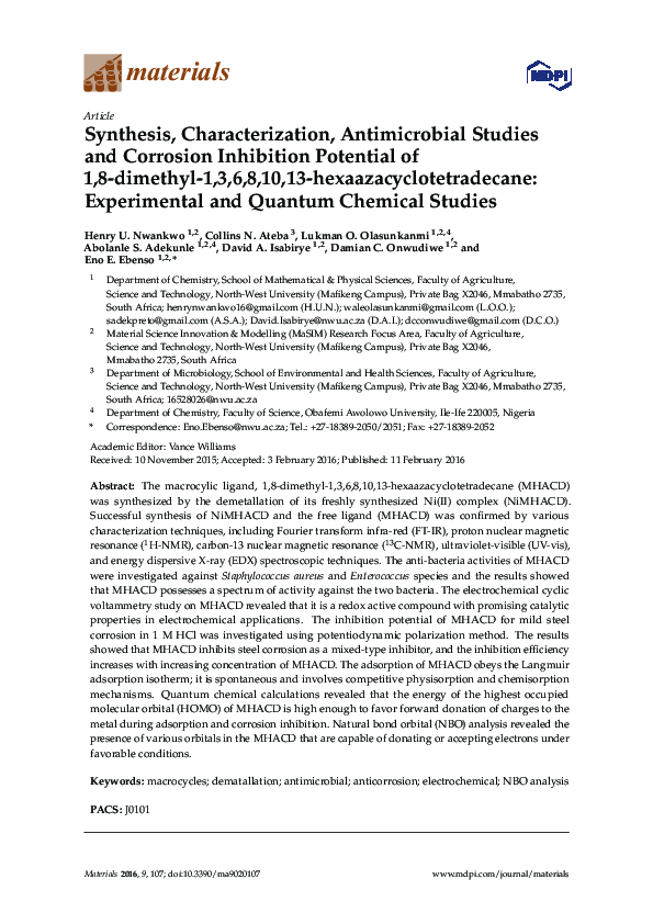 (PDF) Synthesis, Characterization, Antimicrobial Studies and Corrosion Inhibition Potential of 1 ...