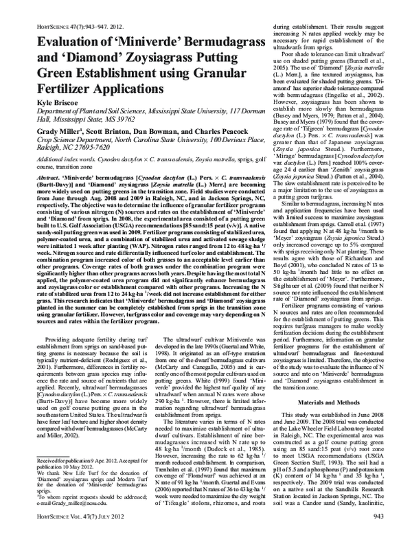 (PDF) Evaluation of ‘Miniverde’ Bermudagrass and ‘Diamond’ Zoysiagrass ...