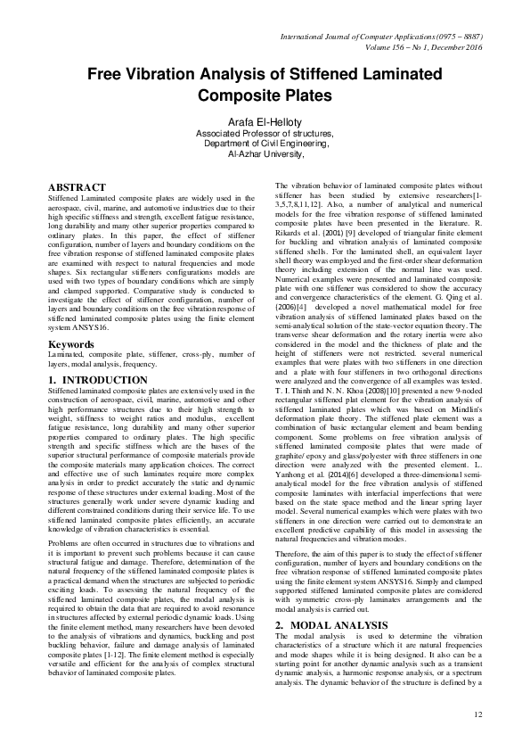 Pdf Free Vibration Analysis Of Stiffened Laminated Composite Plates