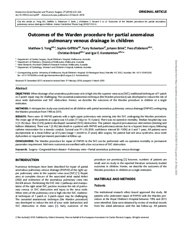 (PDF) Outcomes of the Warden procedure for partial anomalous pulmonary ...
