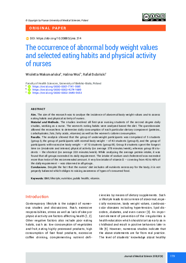 (PDF) The occurrence of abnormal body weight values and selected eating ...