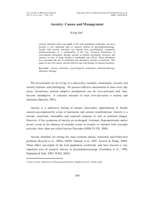 (PDF) Anxiety: Causes and Management