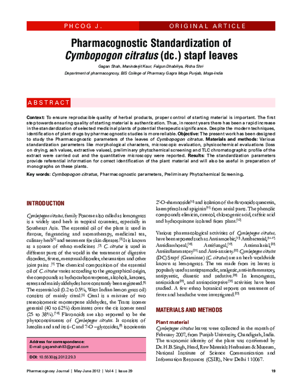 (PDF) Pharmacognostic Standardization of Cymbopogon citratus (dc ... (PDF) Pharmacognostic Standardization of Cymbopogon citratus (dc ...