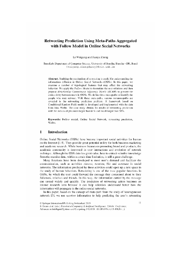 (PDF) Retweeting Prediction Using Meta-Paths Aggregated with Follow Model in Online Social Networks