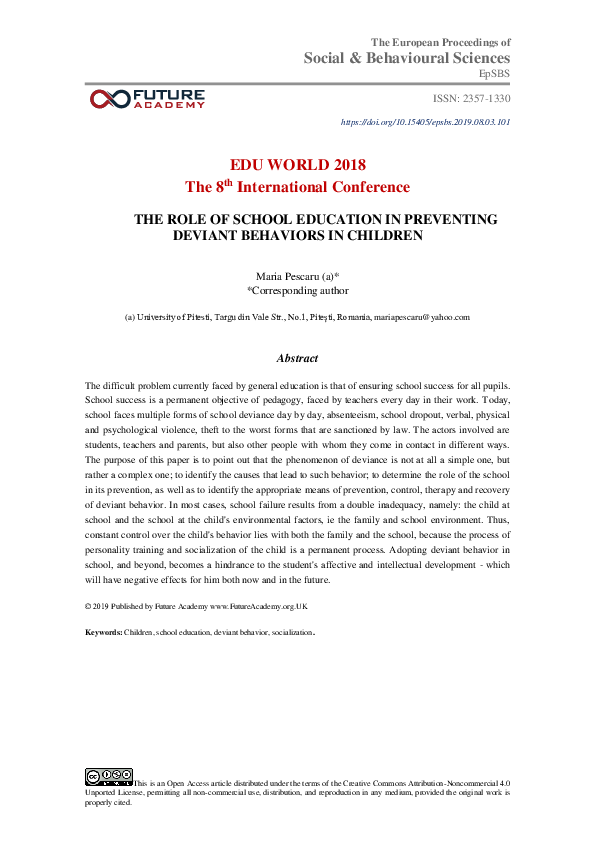 (PDF) The Role Of School Education In Preventing Deviant Behaviors In Children