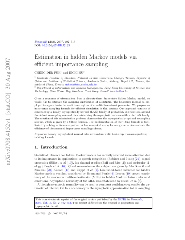 (PDF) Estimation in hidden Markov models via efficient importance sampling