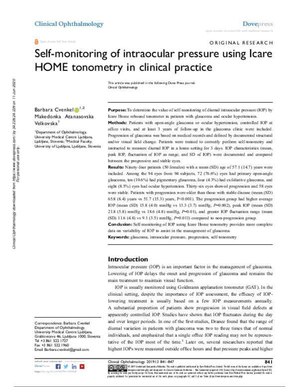 (PDF) Self-monitoring of intraocular pressure using Icare HOME ...