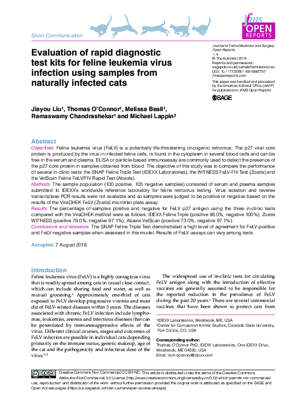(PDF) Evaluation of rapid diagnostic test kits for feline leukemia ...