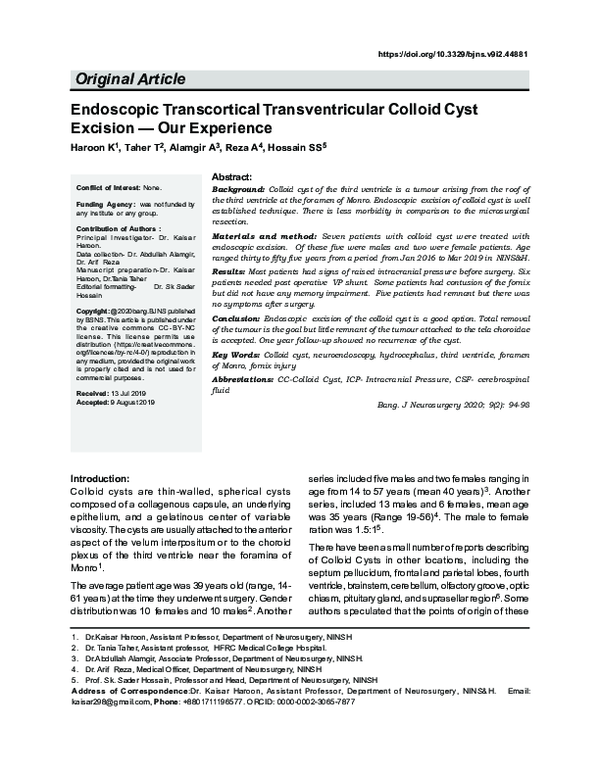 (PDF) Endoscopic Transcortical Transventricular Colloid Cyst Excision ...