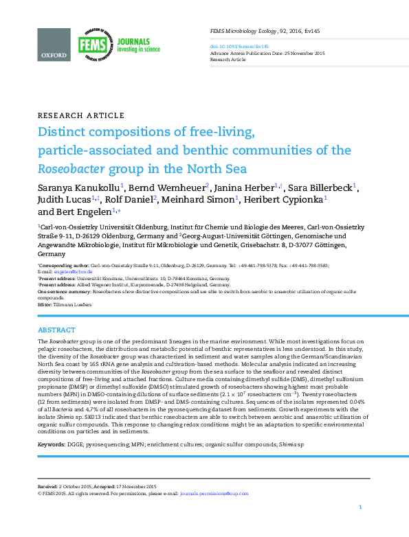 (PDF) Distinct compositions of free-living, particle-associated and ...