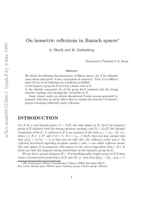 (PDF) On isometric reflexions in Banach spaces