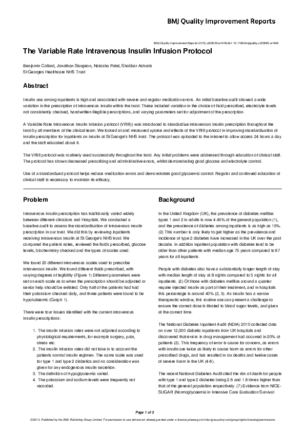 (PDF) The Variable Rate Intravenous Insulin Infusion Protocol