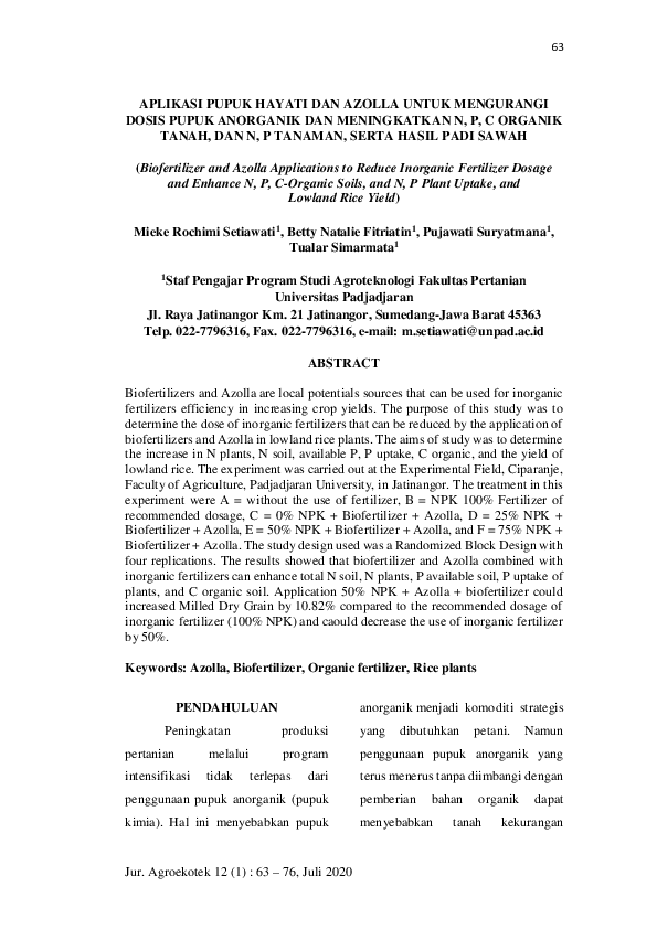 (PDF) Aplikasi Pupuk Hayati Dan Azolla Untuk Mengurangi Dosis Pupuk Anorganik Dan Meningkatkan N ...