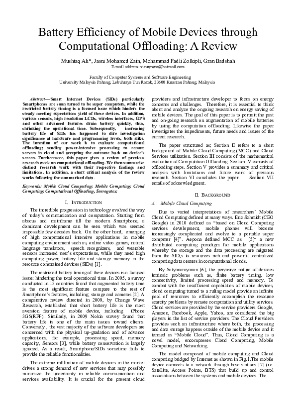 Pdf Battery Efficiency Of Mobile Devices Through Computational Offloading A Review Gran