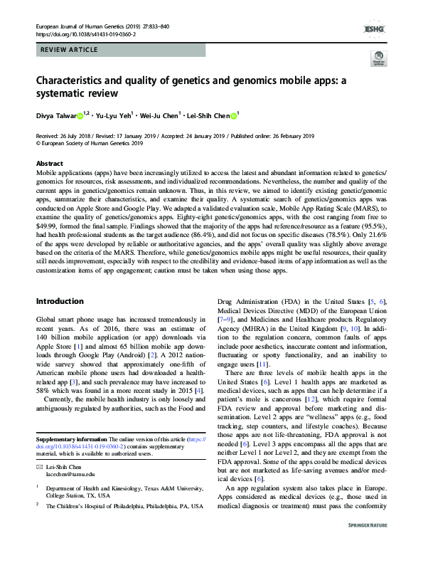 (PDF) Characteristics and quality of genetics and genomics mobile apps ...