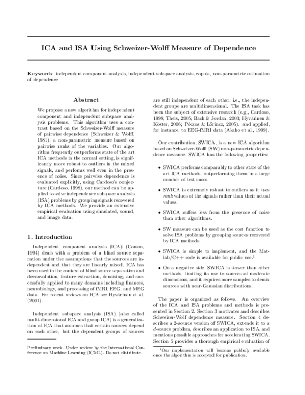 (PDF) ICA and ISA using Schweizer-Wolff measure of dependence