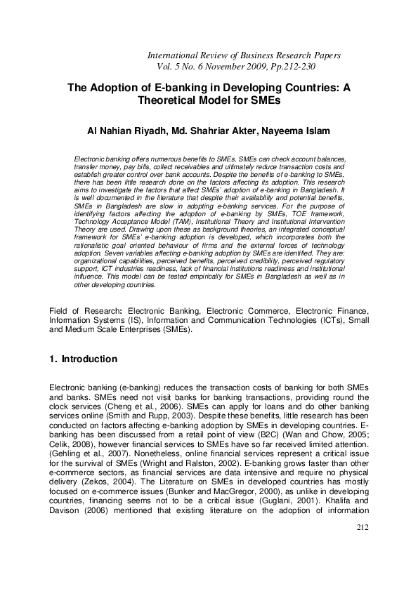 (PDF) The Adoption of E-Banking In Developing Countries: A Theoretical Model for SMEs