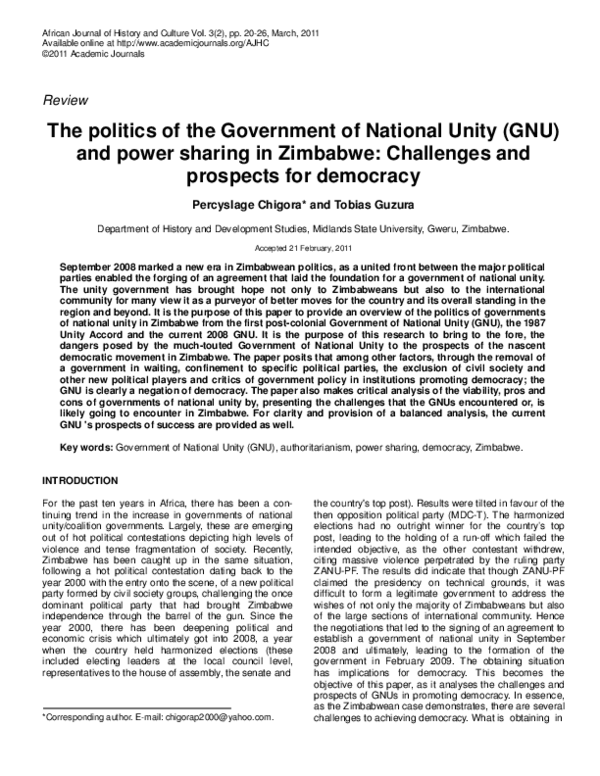 (PDF) The politics of the government of national unity (GNU) and power sharing in Zimbabwe ...