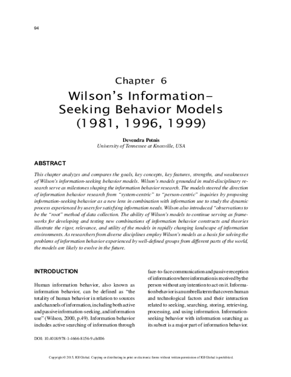 (PDF) Wilson's Information-Seeking Behavior Models (1981, 1996, 1999)