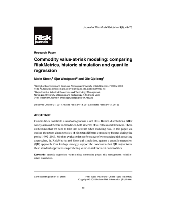 (PDF) Commodity value-at-risk modeling: comparing RiskMetrics, historic ...