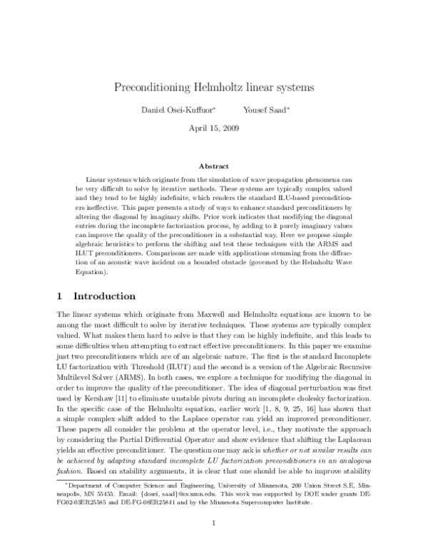 (PDF) Preconditioning Helmholtz linear systems