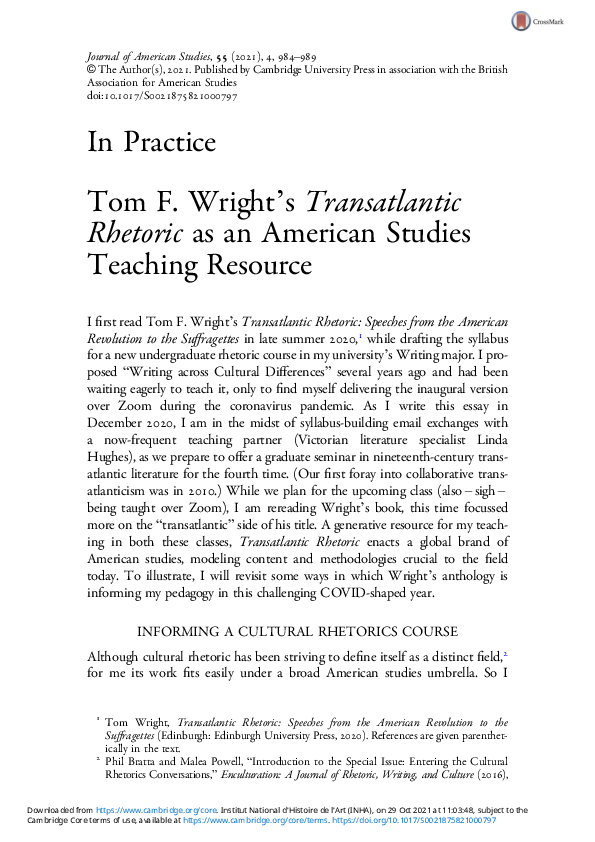 (PDF) "Tom F. Wright's Transatlantic Rhetoric as an American Studies ...