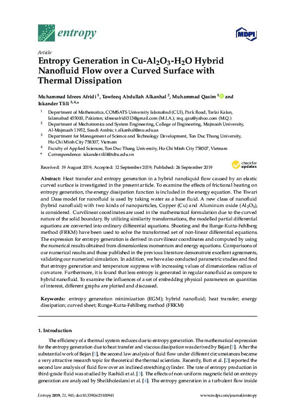 (PDF) Entropy Generation in Cu-Al2O3-H2O Hybrid Nanofluid Flow over a Curved Surface with ...