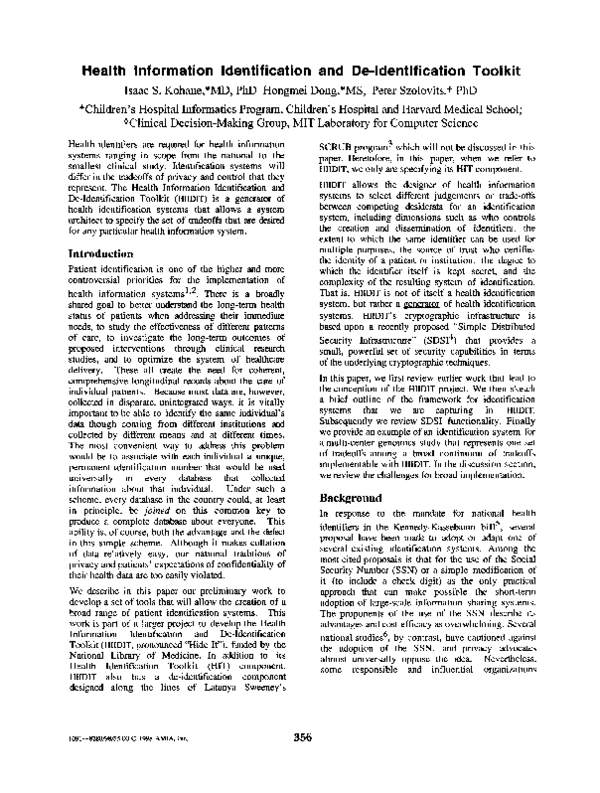 (PDF) Health information identification and de-identification toolkit