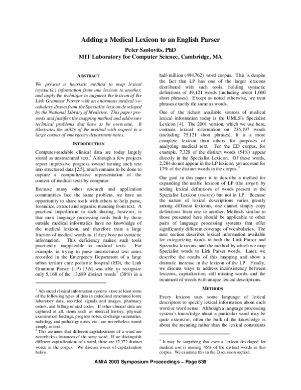 (PDF) Adding a medical lexicon to an English Parser