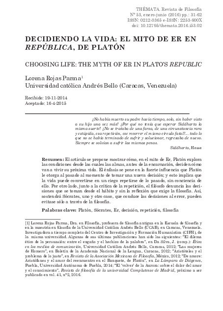 (PDF) Choosing life: the myth of Er in Plato’s Republic