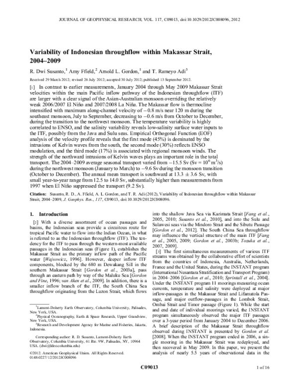 (PDF) Variability of Indonesian throughflow within Makassar Strait, 2004-2009