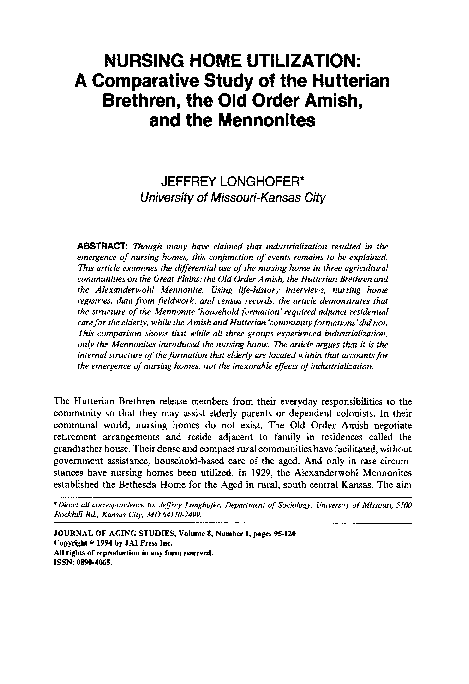 (PDF) Nursing home utilization: A comparative study of the Hutterian ...