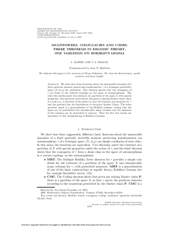 (PDF) MultiTowers, conjugacies and codes: Three theorems in Ergodic theory, one variation on ...