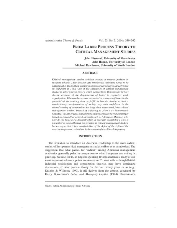 (PDF) From Labor Process Theory to Critical Management Studies