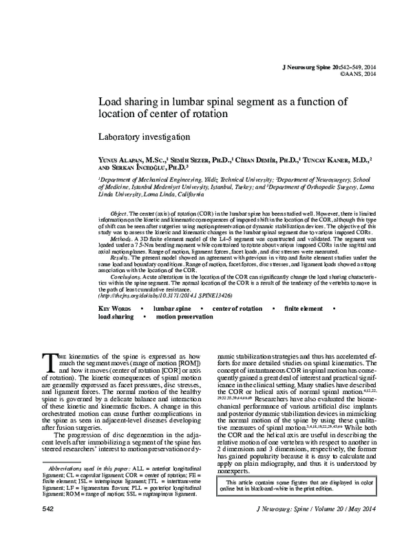 Pdf Load Sharing In Lumbar Spinal Segment As A Function Of Location Of Center Of Rotation