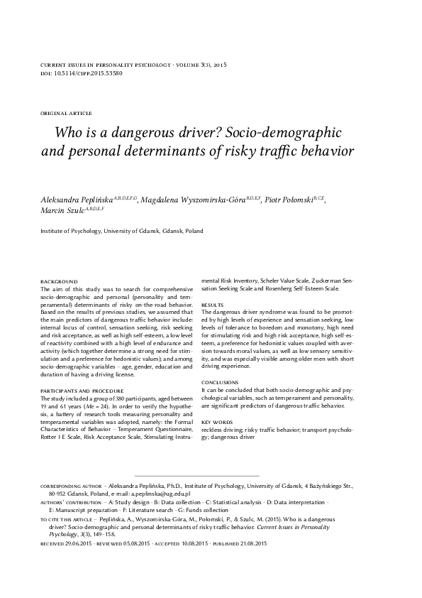 (PDF) Who is a dangerous driver? Socio-demographic and personal determinants of risky traffic ...