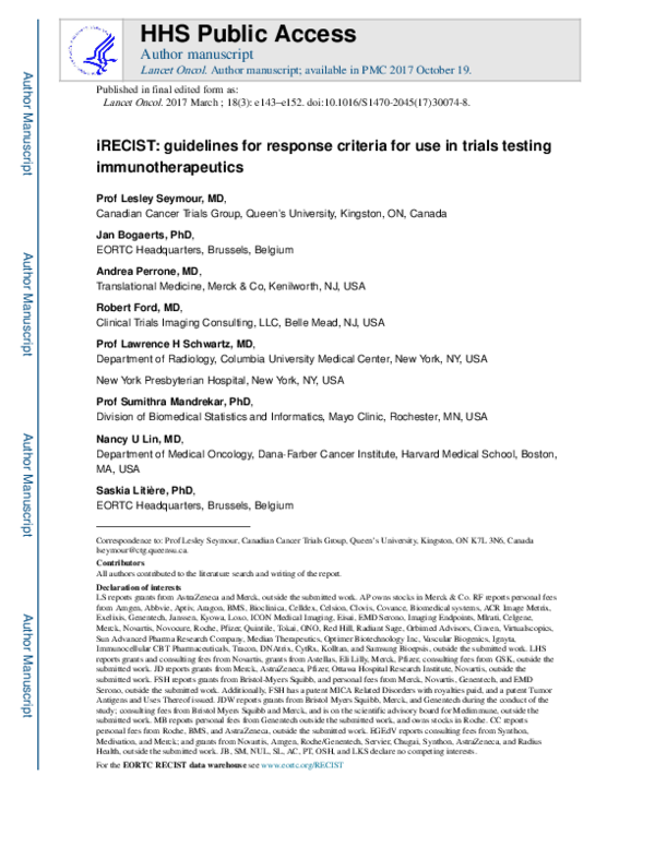(PDF) iRECIST: guidelines for response criteria for use in trials ...