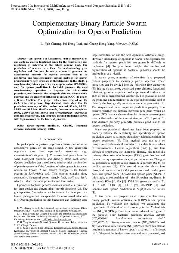 Pdf Complementary Binary Particle Swarm Optimization For Operon Prediction