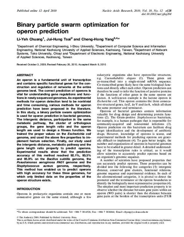 Pdf Binary Particle Swarm Optimization For Operon Prediction Li Yeh Chuang