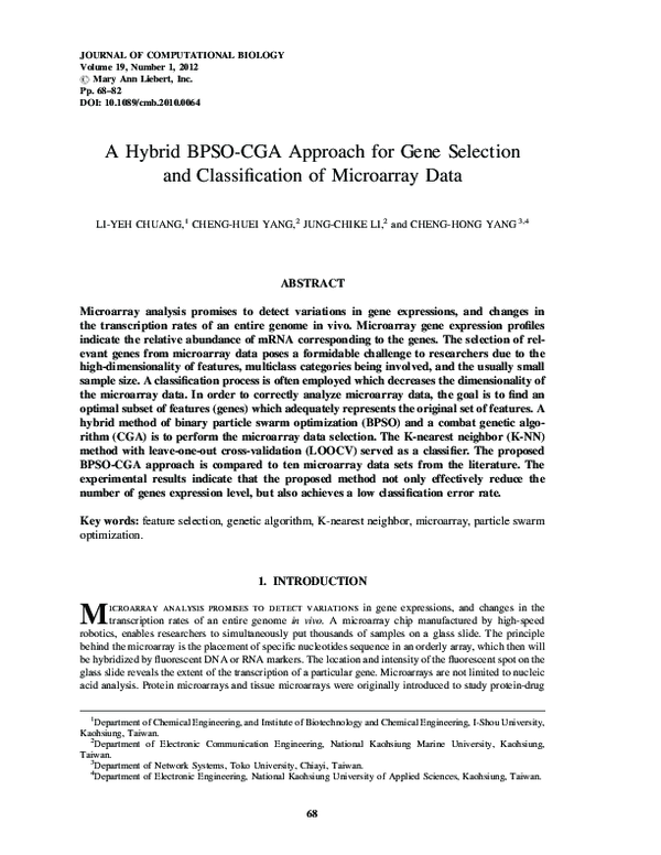 (PDF) A Hybrid BPSO-CGA Approach for Gene Selection and Classification ...